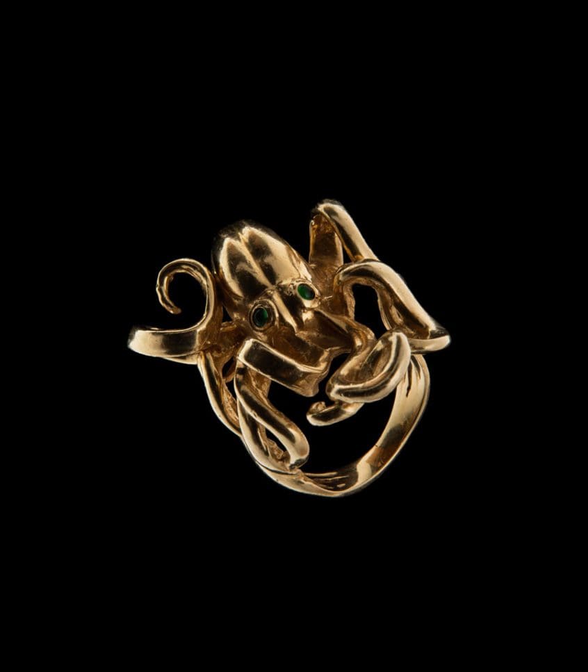 14k Gold Octopus Ring with Emerald, Ruby, White or Black Diamond Eyes ...