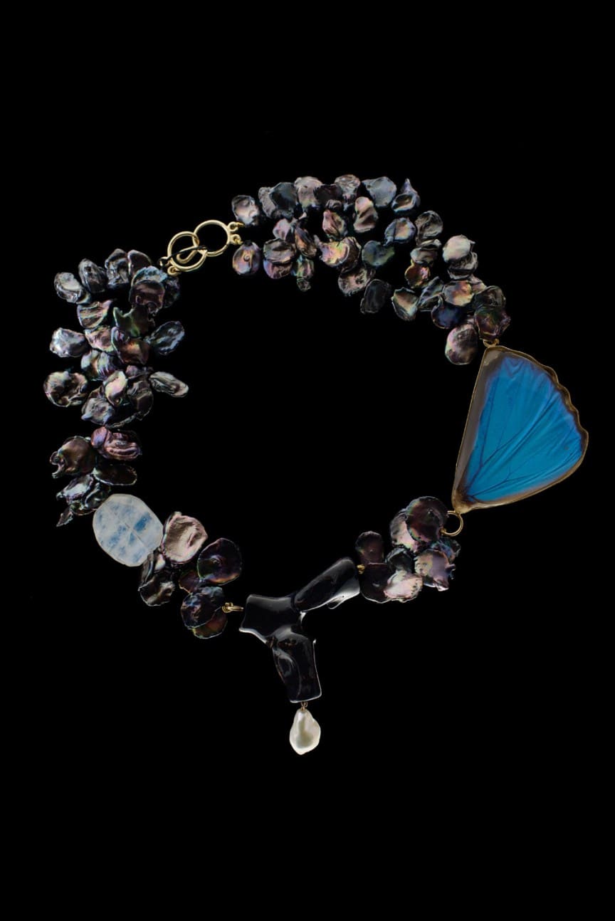 One of a kind Black Pearl and Blue Morpho Necklace | Blue Morpho Jewelry