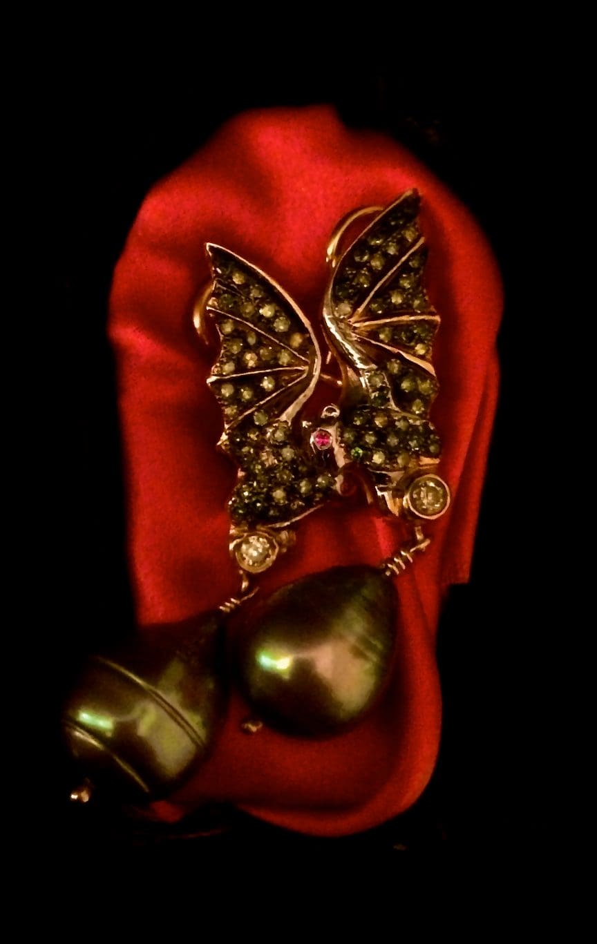 Black diamond Bat earrings with Dripping Pearl | Blue Morpho Jewelry