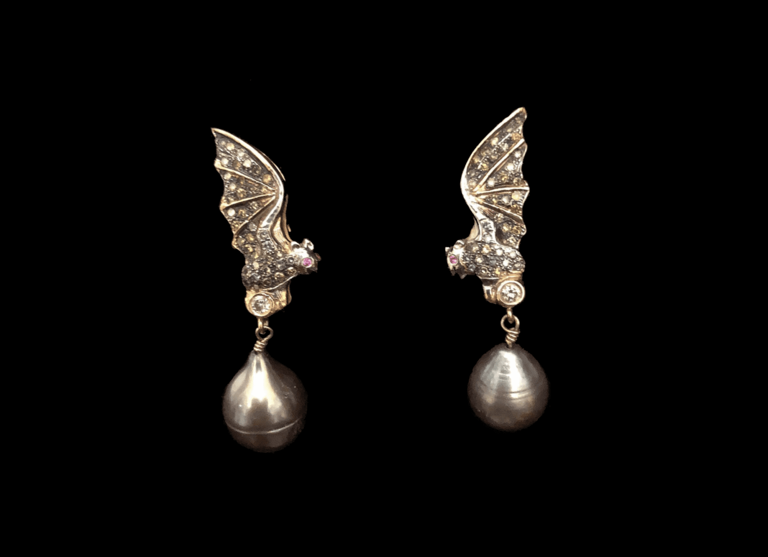 Black diamond Bat earrings with Dripping Pearl | Blue Morpho Jewelry