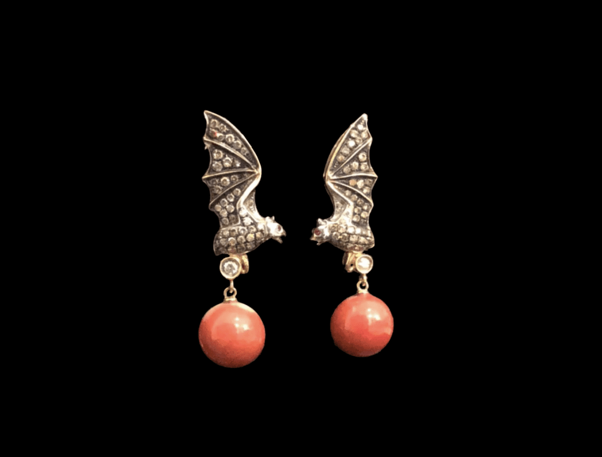 Black diamond Bat earrings with Dripping Pearl | Blue Morpho Jewelry